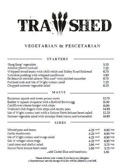 Menu at The Tramshed Project restaurant, London