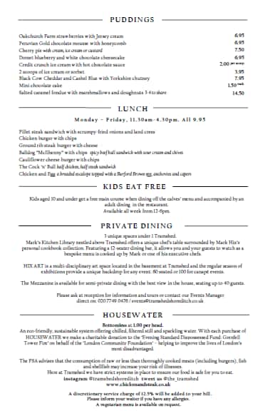 Menu at The Tramshed Project restaurant, London