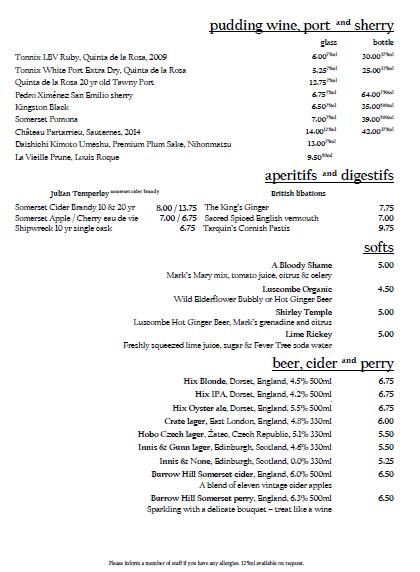 Menu at The Tramshed Project restaurant, London