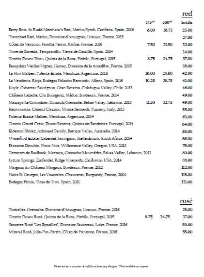 Menu at The Tramshed Project restaurant, London