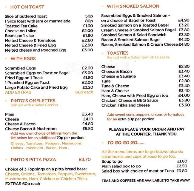 Menu at Pinto's The Friendly Village Cafe, Manchester