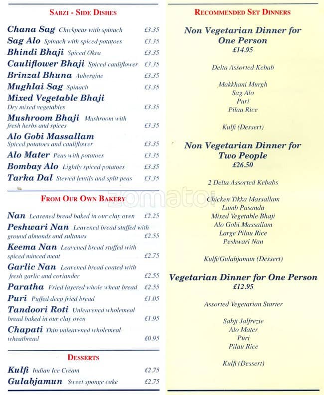 Menu at Delta restaurant, Edinburgh