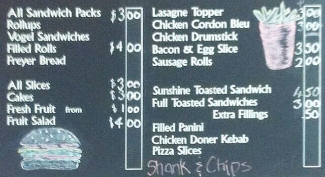 Menu at Sunshine lunch bar and catering, Hamilton