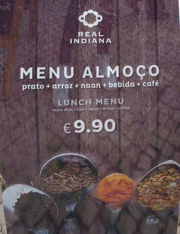 Menu at Real Indiana restaurant, Lisbon