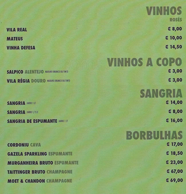 Menu at Real Indiana restaurant, Lisbon