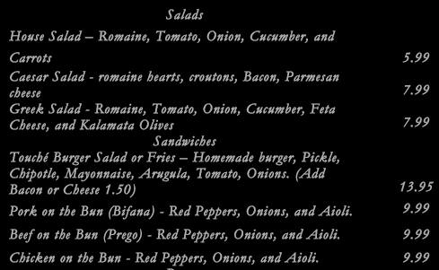 Menu at Tou-Che Martini Lounge pub & bar, Toronto