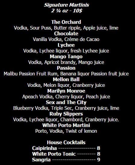 Menu at Tou-Che Martini Lounge pub & bar, Toronto
