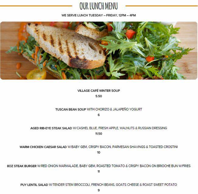 Menu at Village Cafe, Dublin, 170 Lower Rathmines Road