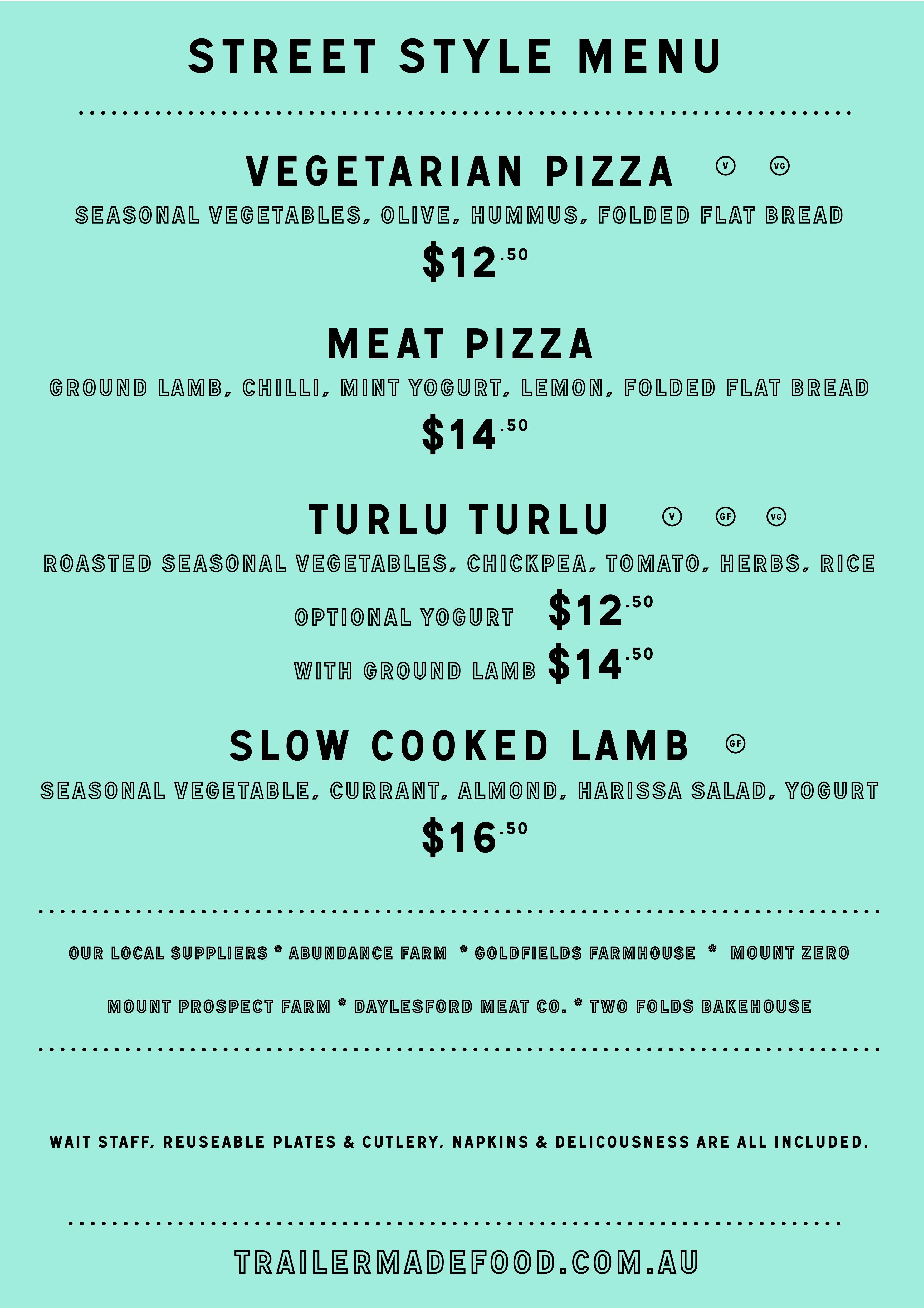 Menu at Trailer Made, Melbourne