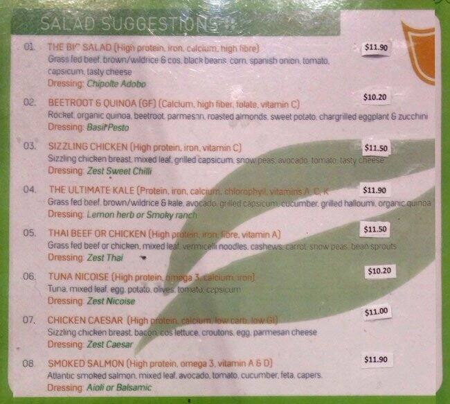 Menu at Zest cafe, Sydney, 8 Bourke Street