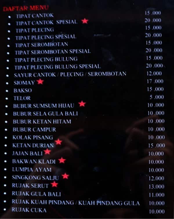 Menu at Warung Gula Bali - The Joglo restaurant, Denpasar