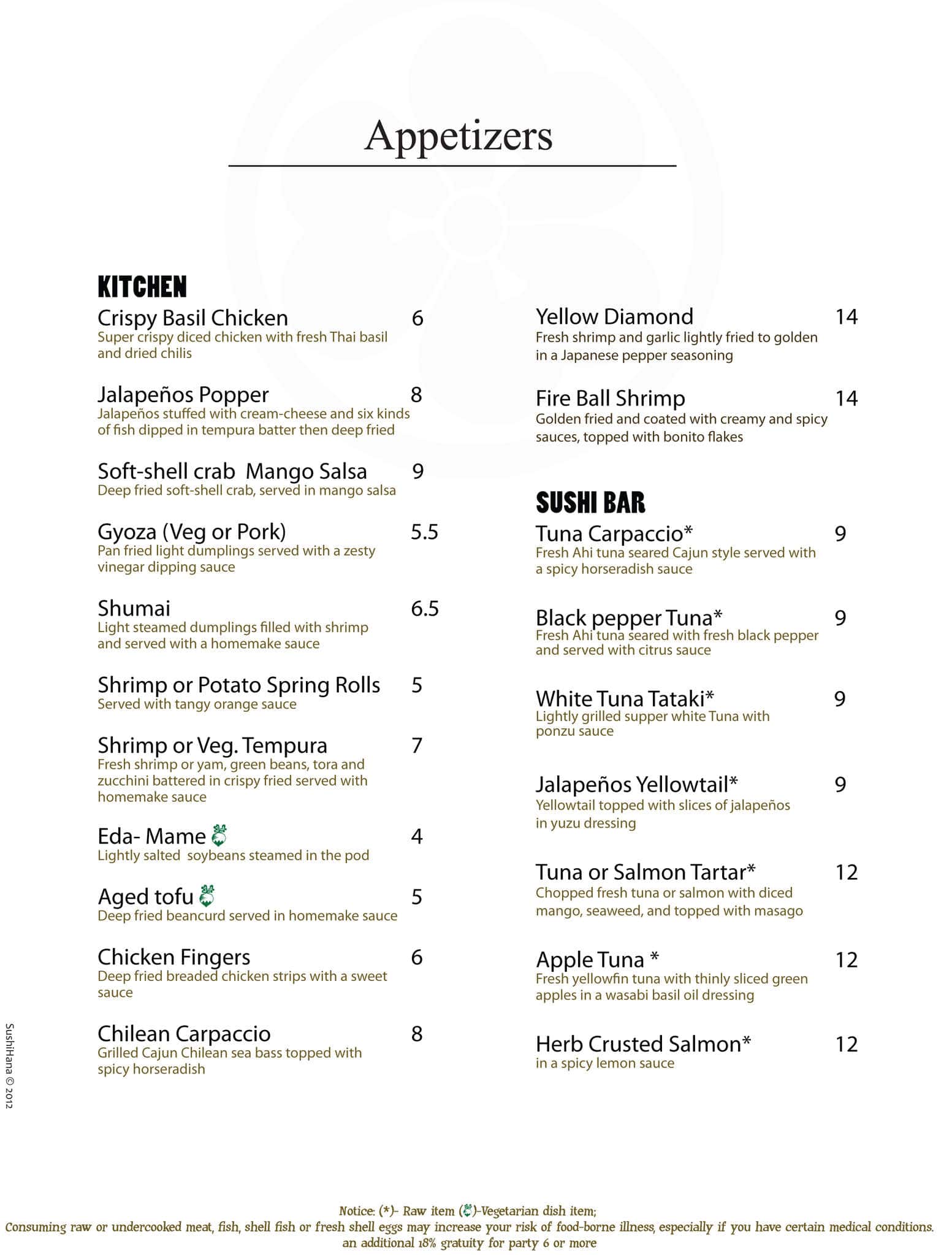 Menu at Sushi Hana - Riverside restaurant, Tulsa