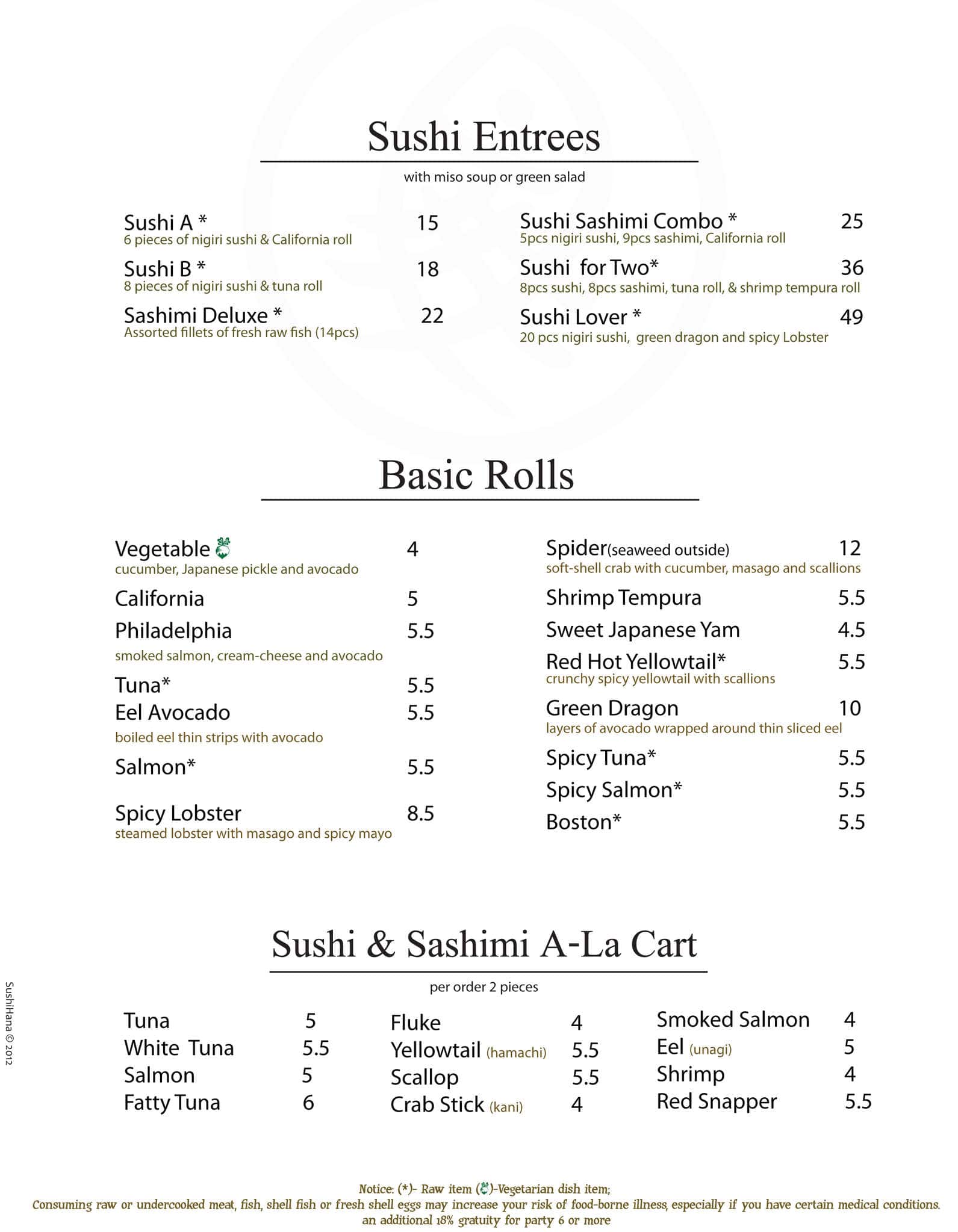 Menu at Sushi Hana - Riverside restaurant, Tulsa