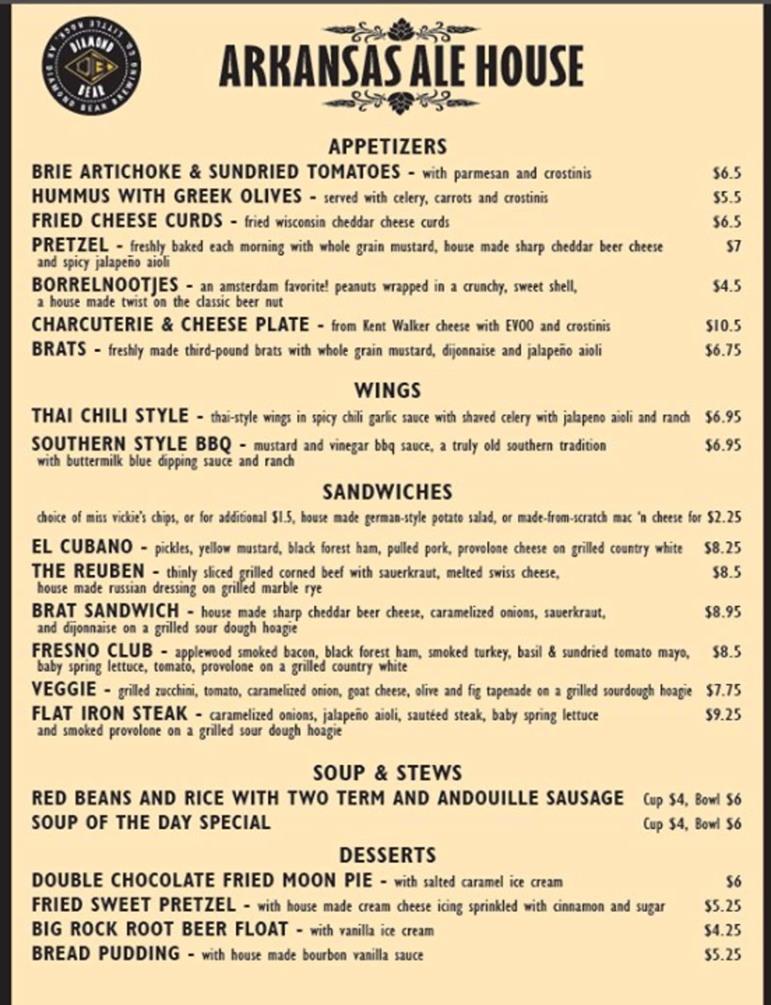Menu at Diamond Bear Brewing Co./ Arkansas Ale House pub & bar, North ...