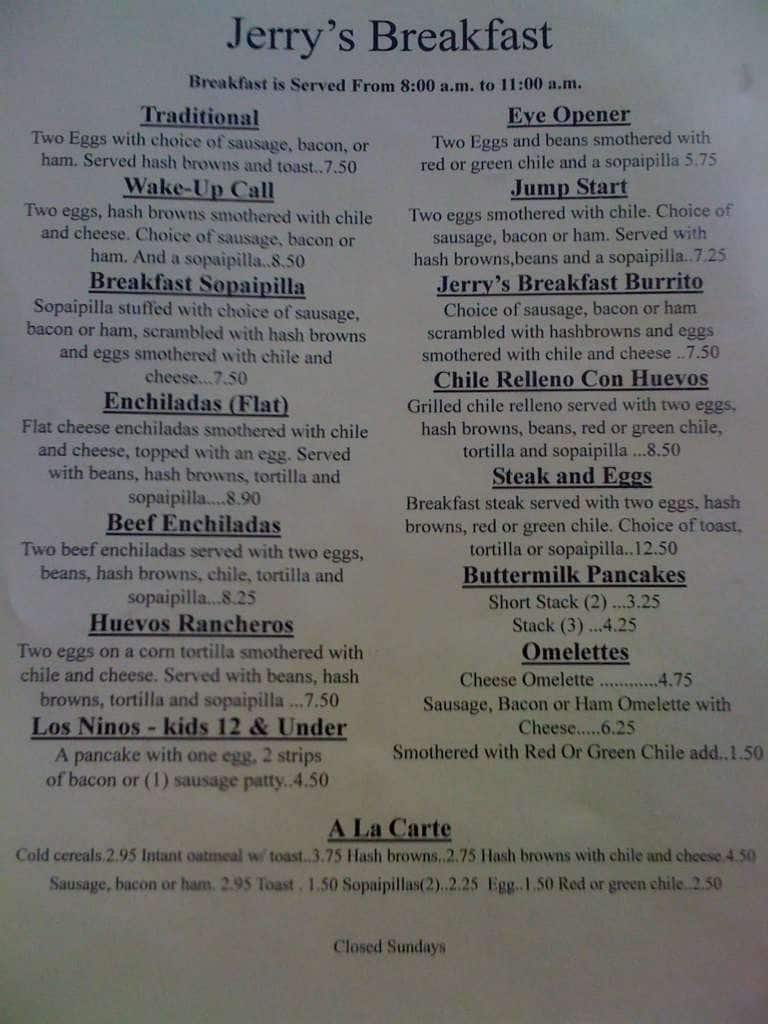 Menu at Jerry's Cafe, Gallup