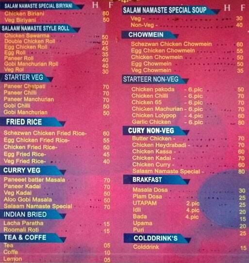 Menu at Namaste India, Bhubaneswar