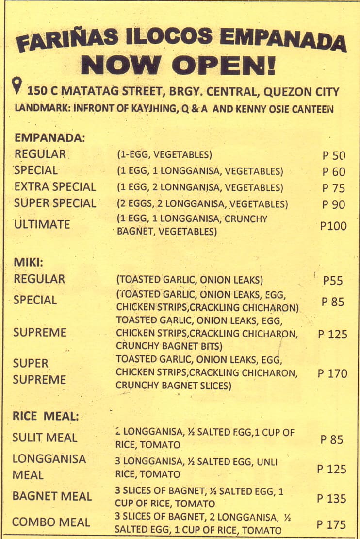 Menu at Fariñas Ilocos Empanada restaurant, Quezon City, 150-156 Matatag St