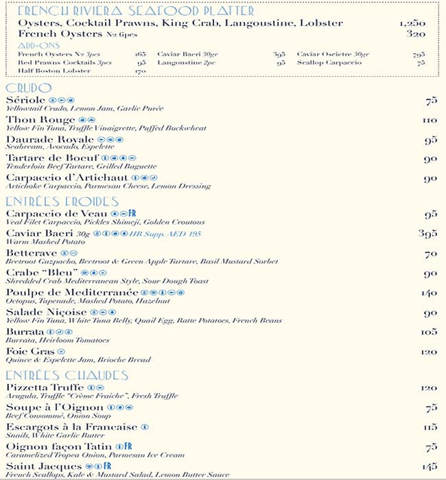 Menu of French Riviera - Jumeirah Al Qasr, Madinat Jumeirah, Dubai