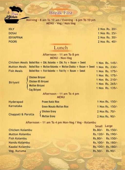 Menu of Diya Kitchen, Poonamalle, Chennai