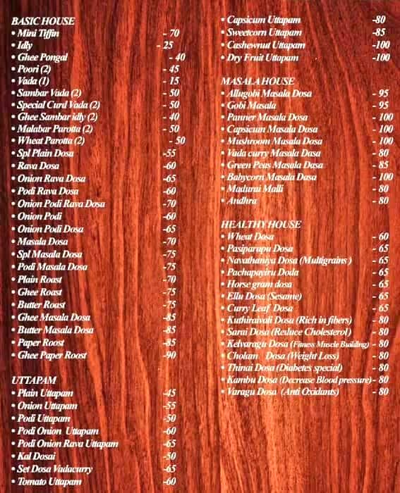Menu of The Dosa House, Ambattur, Chennai