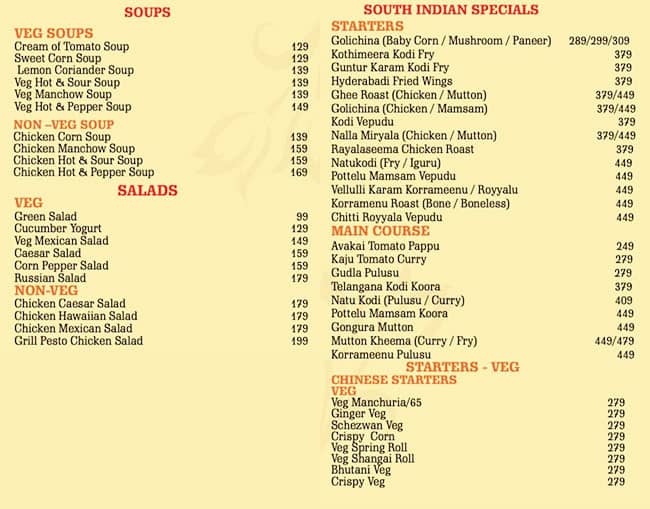 Menu of Hotel Tulips Grand, Pocharam, Secunderabad
