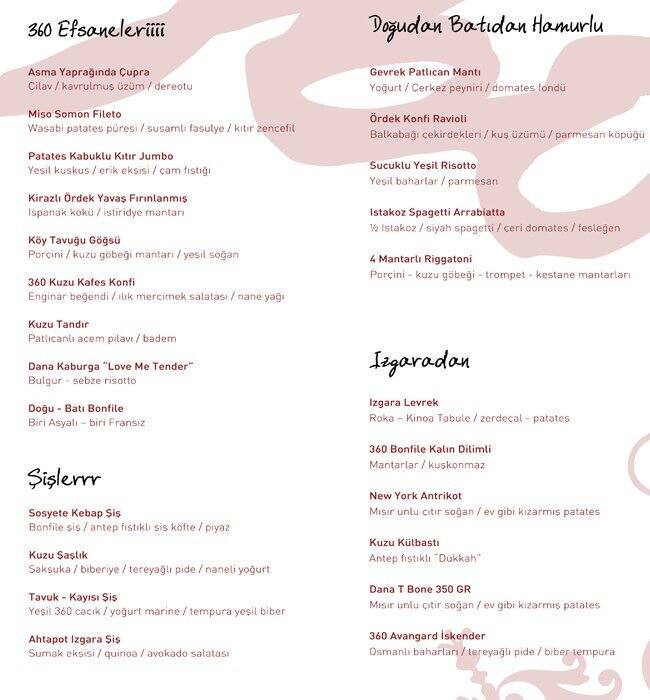 Menu at 360 İstanbul restaurant, Istanbul, İstiklal Cd. No:8 D:163