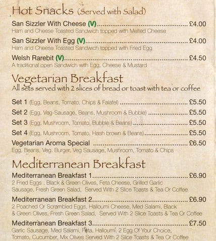 Menu at Aroma Cafe, London, 144-146 Commercial St