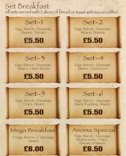 Menu at Aroma Cafe, London, 144-146 Commercial St