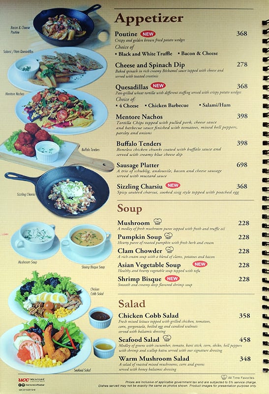 Menu at UCC Mentore cafe, Makati
