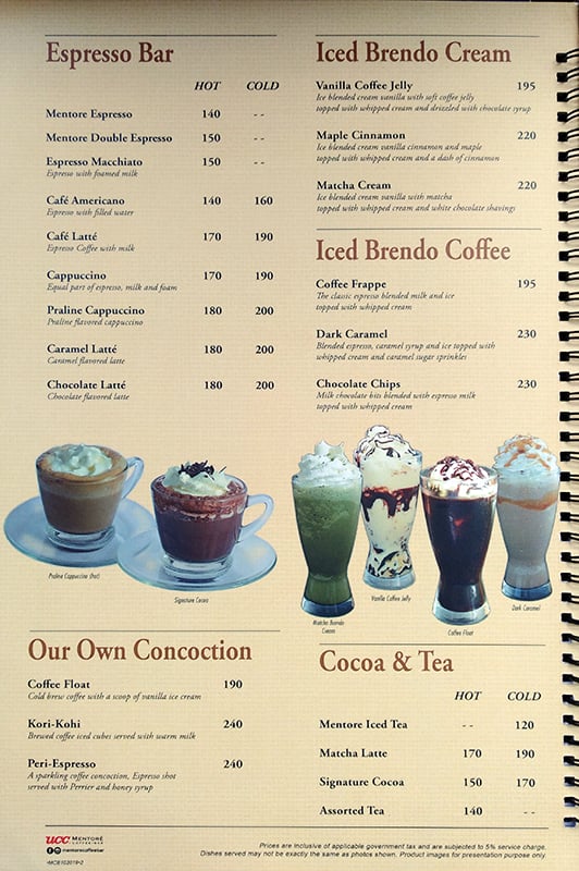 Menu at UCC Mentore cafe, Makati