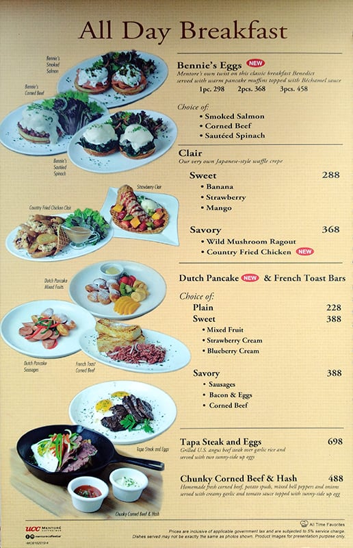 Menu at UCC Mentore cafe, Makati