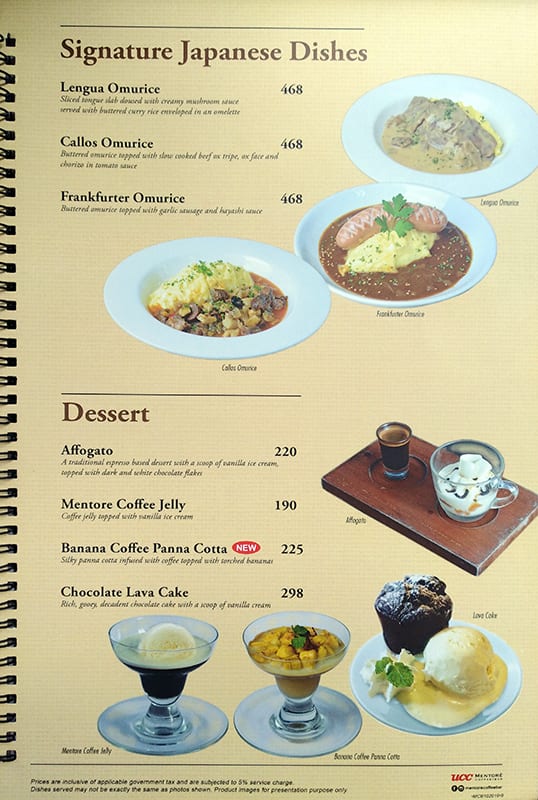 Menu at UCC Mentore cafe, Makati