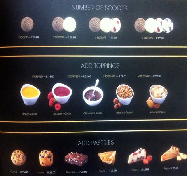 Menu at Haagen Dazs, Sandton