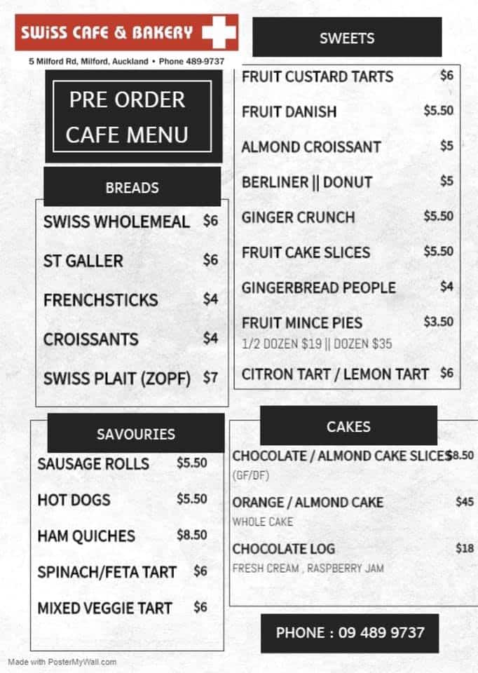 Menu at Swiss Cafe & Bakery, Auckland