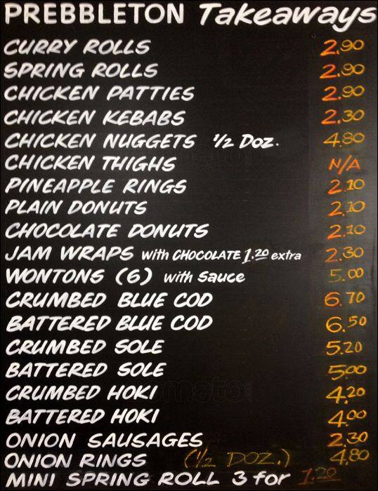 Menu at Prebbleton Takeaway, Christchurch