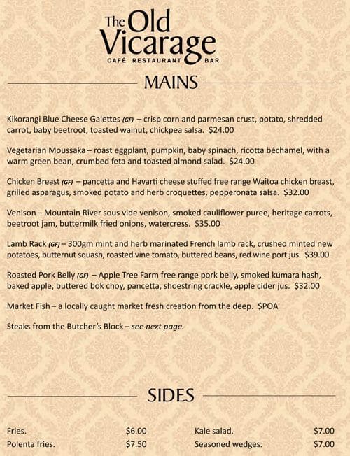 Menu at The Old Vicarage Cafe, Restaurant & Bar, Christchurch