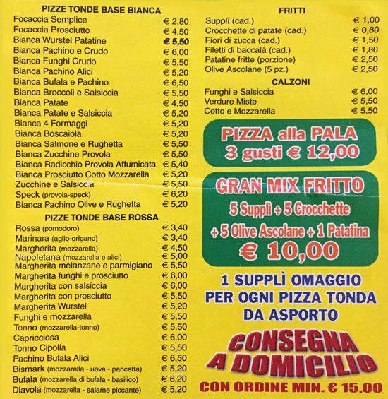 Menu at Green Pizza restaurant, Rome