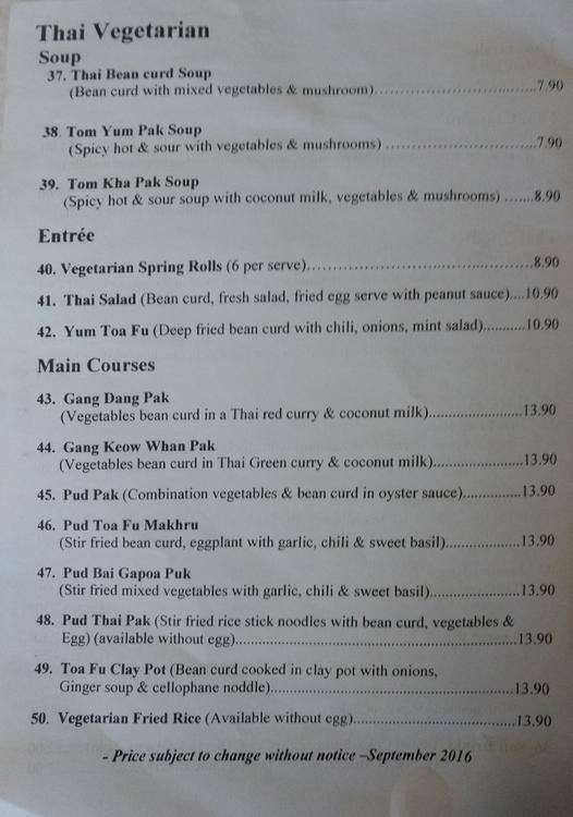 Menu at Thai Rani Restaurant, Black Rock
