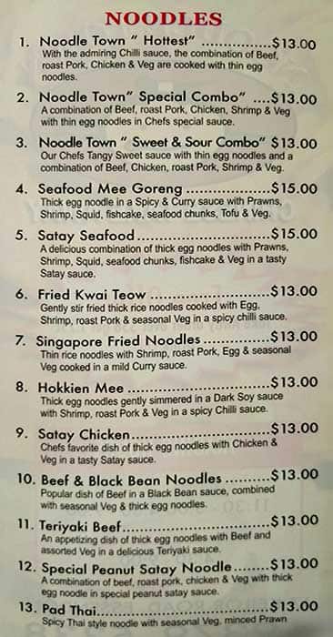 Menu at Noodle Town fast food, Essendon
