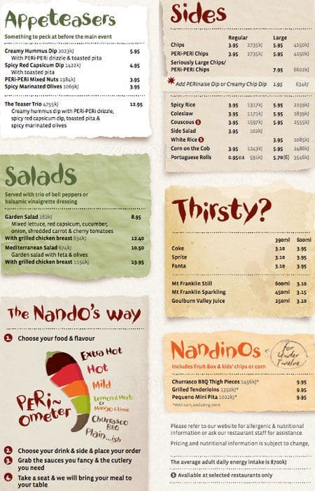 Menu at Nando's fast food, Biggera Waters, Parking