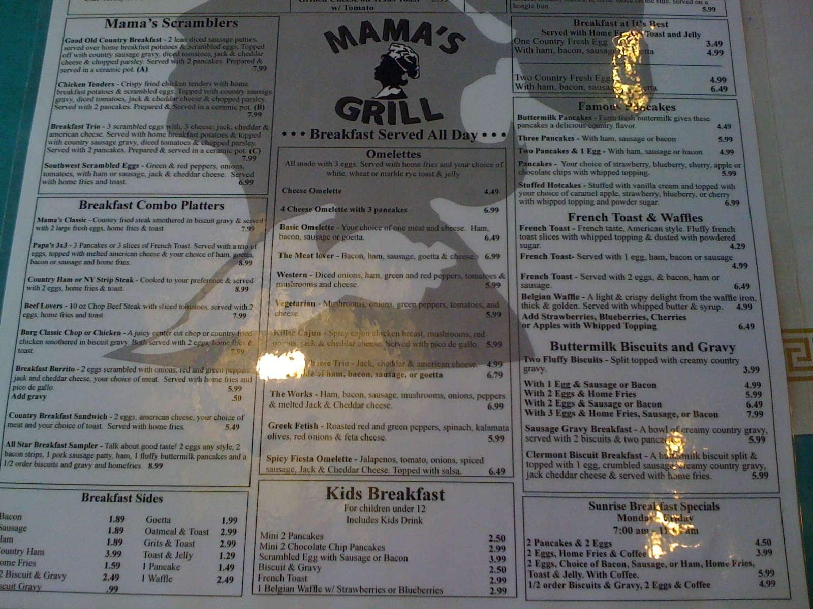 Menu at Mama's Grill restaurant, Williamsburg