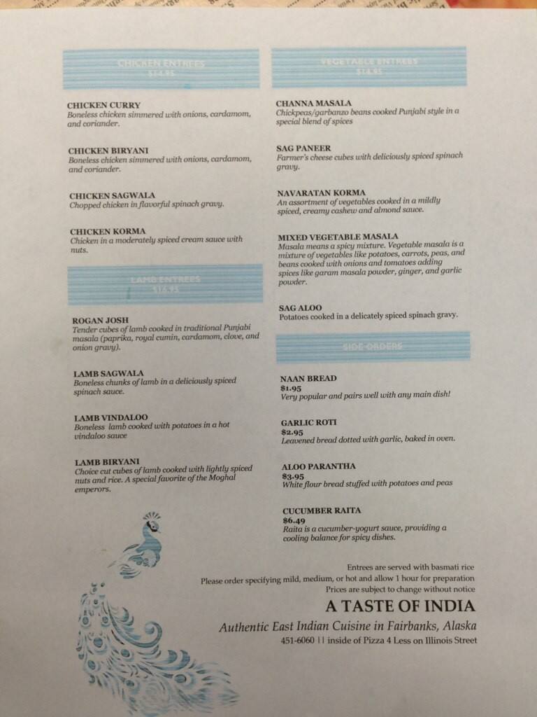 Menu at Taste of India restaurant, Fairbanks
