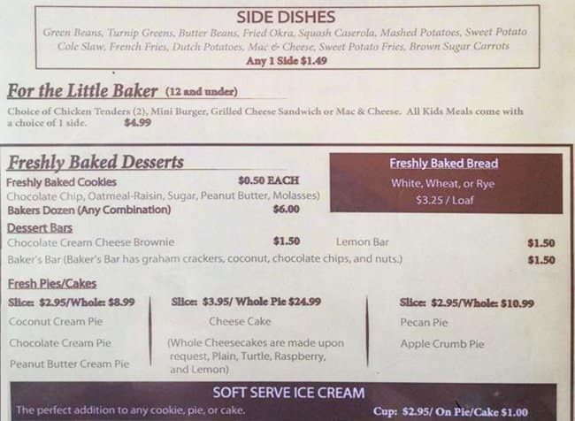 Menu at Baker's Kitchen restaurant, New Bern