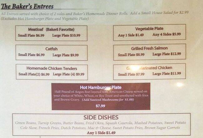 Menu at Baker's Kitchen restaurant, New Bern