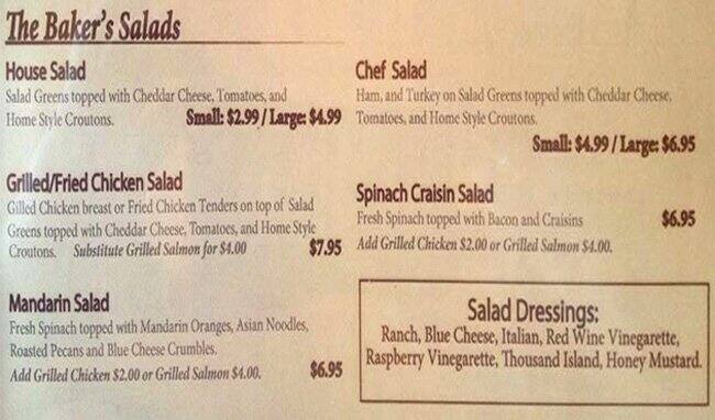 Menu at Baker's Kitchen restaurant, New Bern