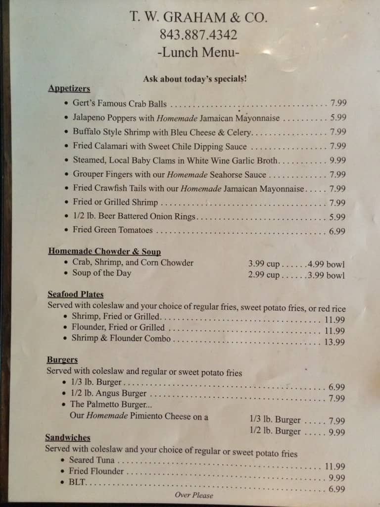 T W Graham & Co Menu, Menu for T W Graham & Co, McClellanville ...