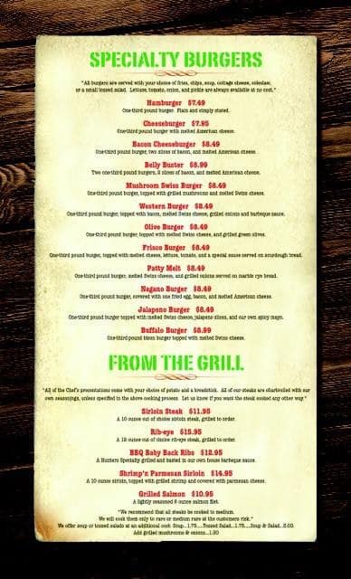 Menu at Hunters Hideaway Inc restaurant, Nappanee