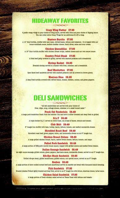 Menu at Hunters Hideaway Inc restaurant, Nappanee