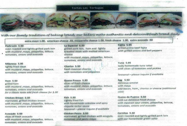 Menu at Tortas Las Tortugas restaurant, Farmers Branch, S Josey Ln