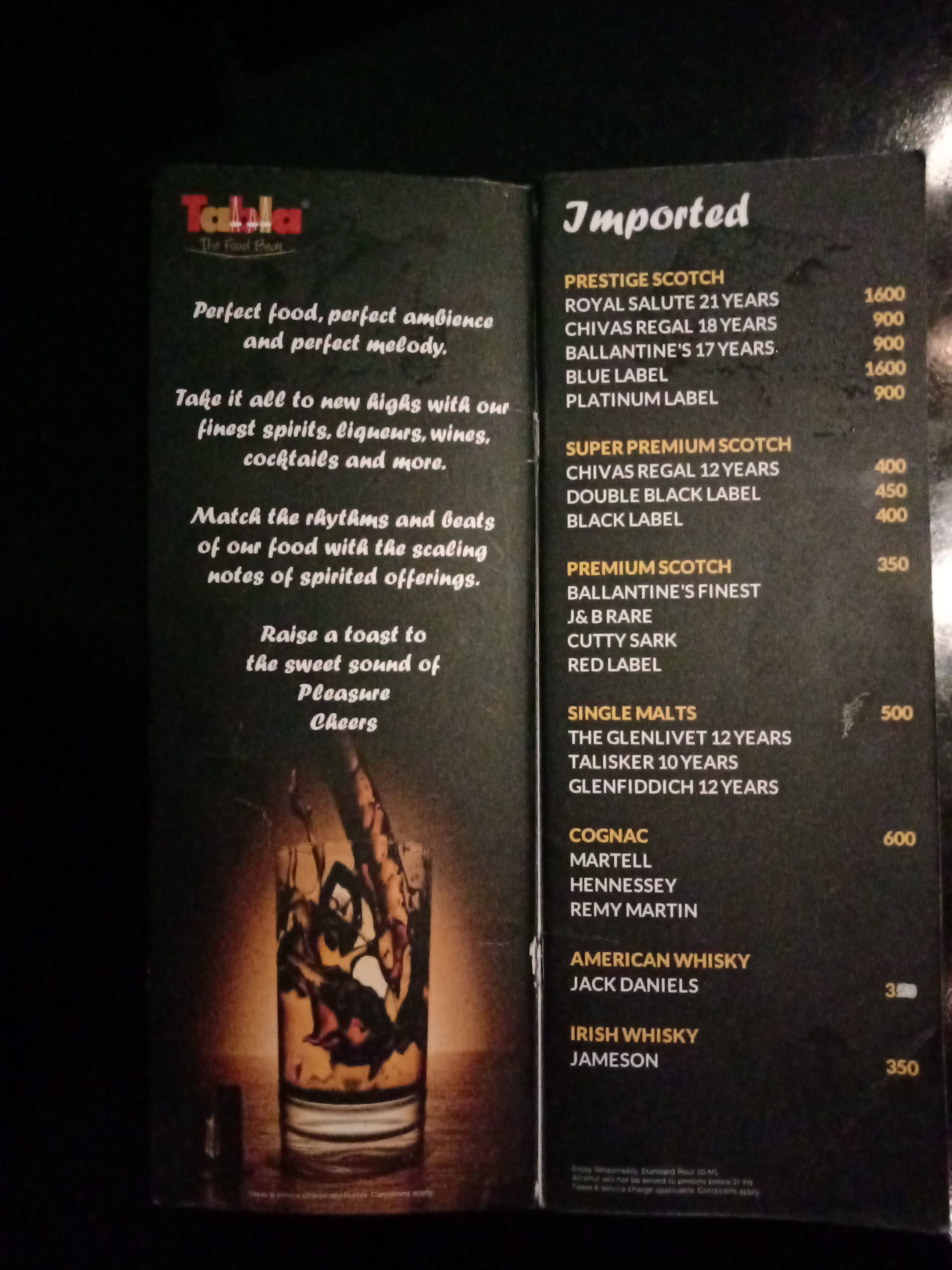 Menu at Tabla Restaurant, Hyderabad, Plot No 18